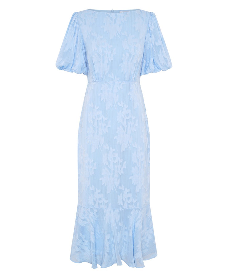 Blue Jacquard Shimmer Puff Sleeve Midi Dress – Needs No Label